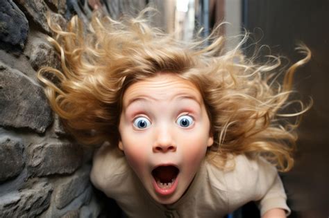 A Young Girl With Her Mouth Open Looking Up At The Camera Premium Ai