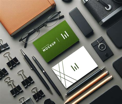 Stationary Business Cards Mockup With Multiple Elements Premium Ai