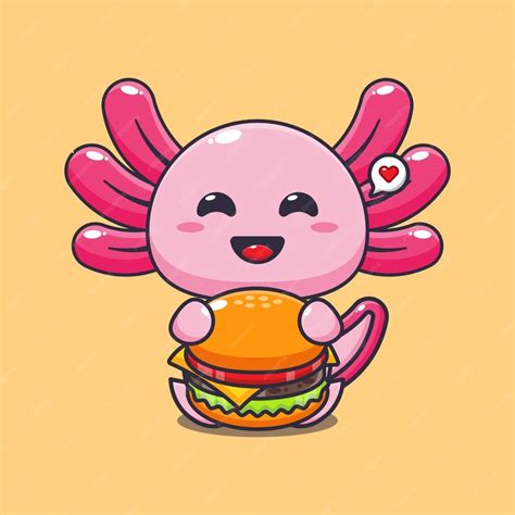 햄버거 만화 벡터 일러스트와 함께 Axolotl 프리미엄 벡터