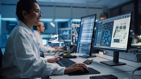 Premium Photo A Woman Sits At A Desk In A Lab With A Computer Screen Showing A Computer Screen