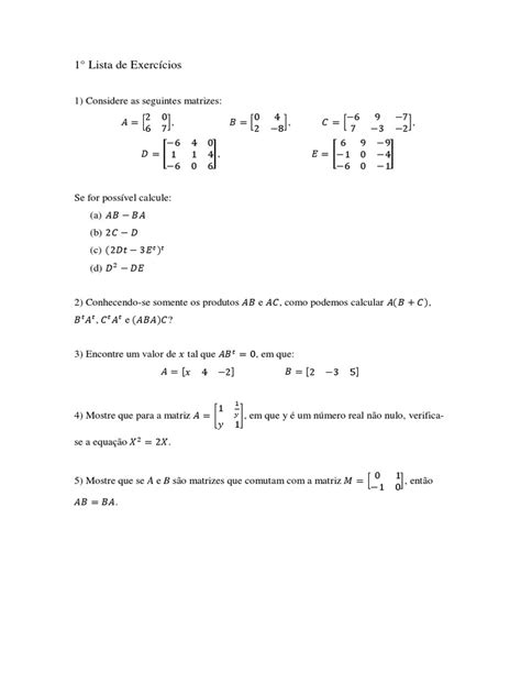 1° Lista De Exercícios Álgebra Linear E Geometria Analítica Pdf