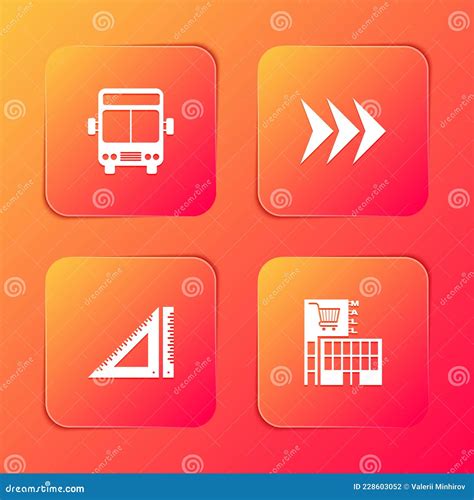 Set Bus Arrow Triangular Ruler And Mall Or Supermarket Building Icon Vector Stock