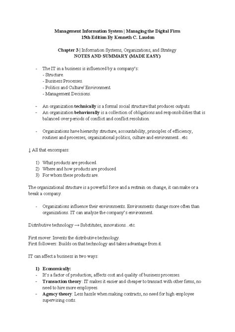 Chapter 3 Summary Information Systems Organizations And Strategy Management Information