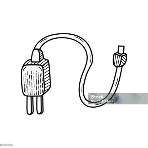 흰색에 격리 된 손으로 그린 전화 충전 스케치 벡터 그림입니다 Usb 케이블에 대한 스톡 벡터 아트 및 기타 이미지 Usb