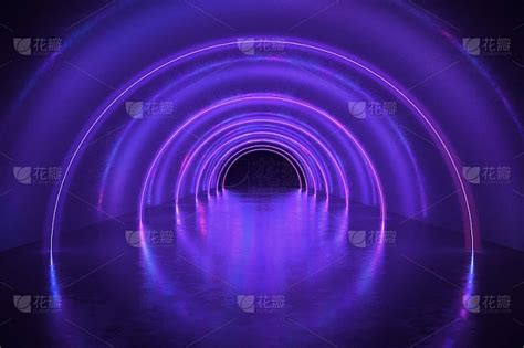 带有霓虹灯的抽象隧道或走廊。3 D渲染插图。素材 花瓣网