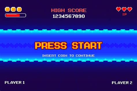 보도자료 스타트 게임 리소스를 위한 픽셀 아트 배경 8비트 게임 복고풍 미래 지향적 인 공상 과학 파란색 배경 네온 빛나는 그리드와 빈티지 아케이드 게임의 별 0명에 대한