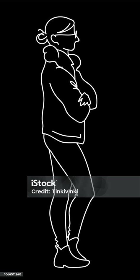 거리 옷과 안경에 여자 건너 손과 다리를 의미합니다 누군가 기다리는 여자의 벡터 그림입니다 개념입니다 밑그림입니다 라인