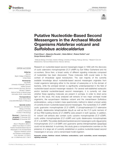 Pdf Putative Nucleotide Based Second Messengers In The Archaeal Model Organisms Haloferax
