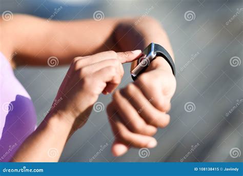 Woman Using Smartwatch Touching Touchscreen Stock Image Image Of