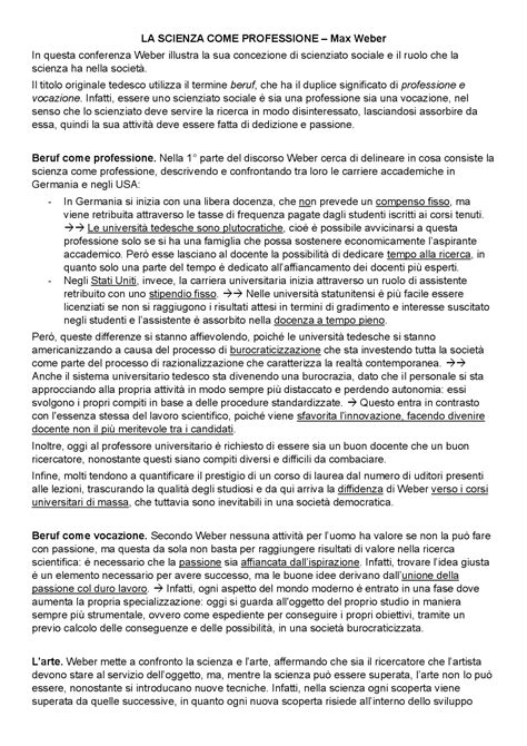 Riassunto Di La Scienza Come Professione Di Weber Sintesi Del Corso