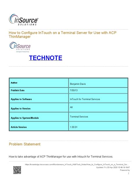 How To Configure Intouch On A Terminal Server For Use With Acp Thinmanager Pdf Remote