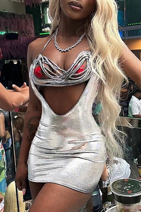 Wholesale Silver Street Solid Hollowed Out Patchwork Halter Sheath