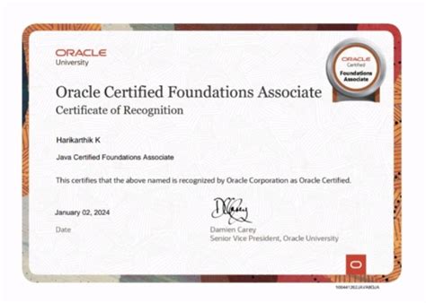 Earned Oracle Java Development Certificates Harikarthik K Posted On