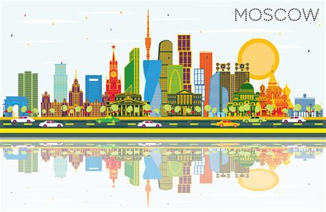 색 건물 푸른 하늘 반사와 모스크바 러시아 도시의 스카이 라인 건물 외관에 대한 스톡 벡터 아트 및 기타 이미지 건물 외관