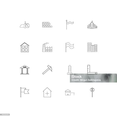 Ilustración De Conjunto De Edificios Y Construcciones Lineales Finas Los Iconos Se Indica Los