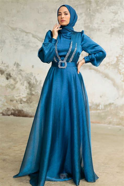 Neva Style Elegant İndigo Blue Hijab Evening Dress 36831IM Neva