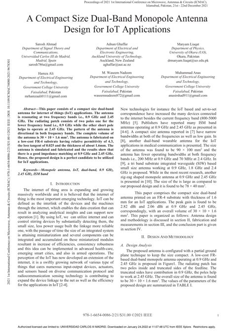 Pdf A Compact Size Dual Band Monopole Antenna Design For Iot Applications