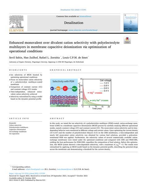 Pdf Enhanced Monovalent Over Divalent Cation Selectivity With Polyelectrolyte Multilayers In