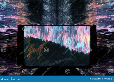 Digital Glitch Effect Of A Monitor Displaying Static And Distorted