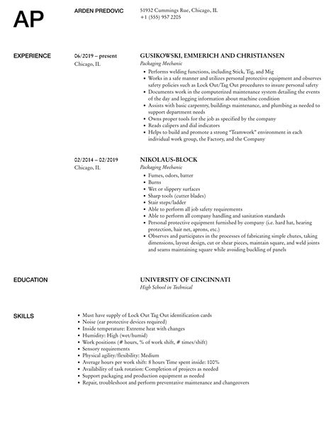 Packaging Mechanic Resume Samples Velvet Jobs