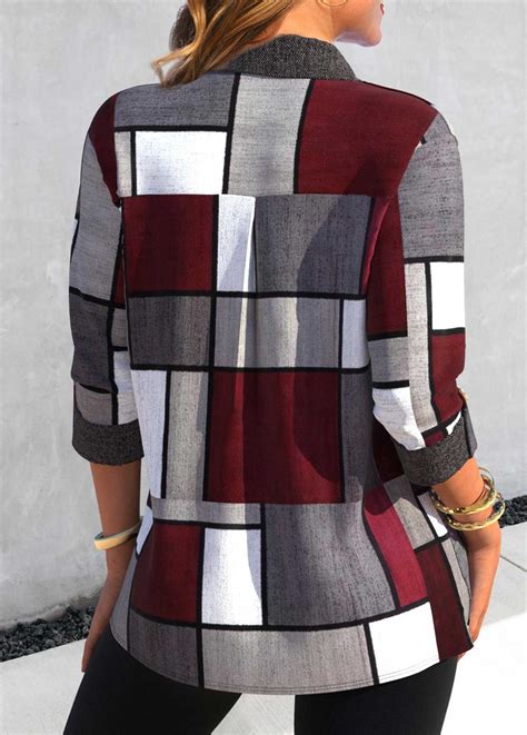Rotita Plus Size Button Dark Grey Geometric Print Blouse