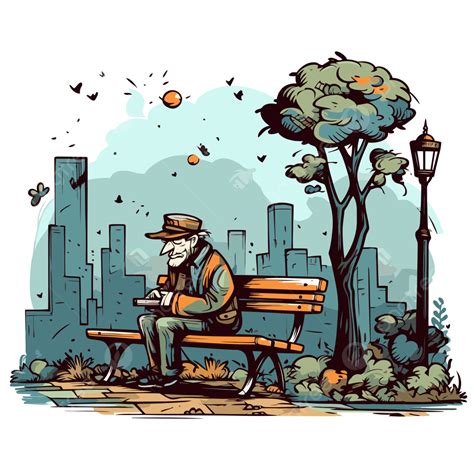 Illustration Cartoon Old Man Sitting Bench Stock Vector