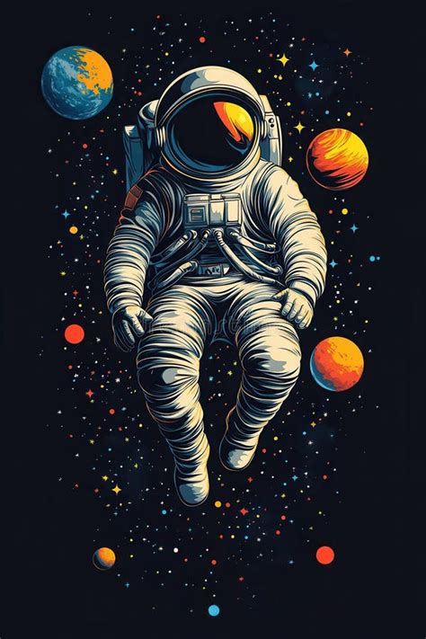 Astronaut Floating In Space Among Planets And Stars Stock Illustration