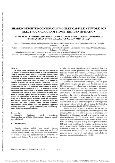 Pdf Shared Weighted Continuous Wavelet Capsule Network For Electrocardiogram Biometric