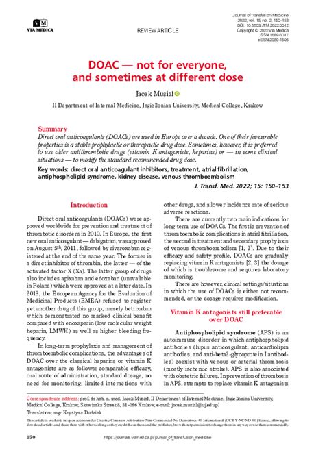 Pdf Doac — Not For Everyone And Sometimes At Different Dose