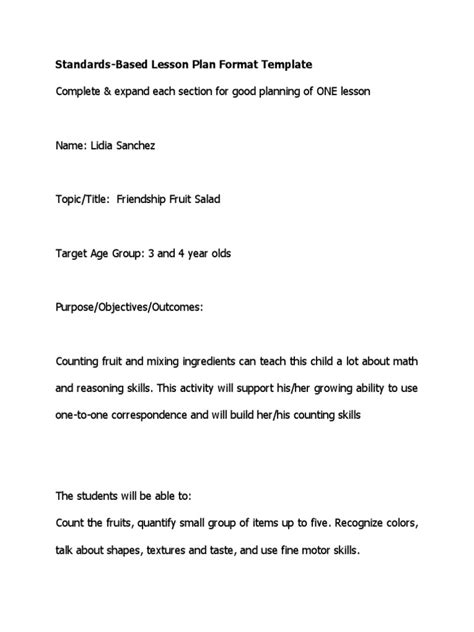 Standards Based Lesson Plan Format Template Pdf Knife Educational Assessment