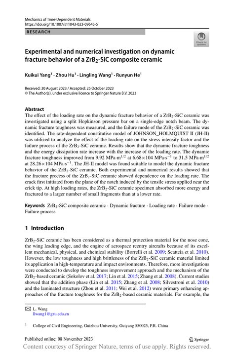 Experimental And Numerical Investigation On Dynamic Fracture Behavior Of A Zrb2 Sic Composite