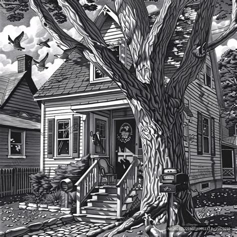 Ai创作图生活场景黑白画 埃舍尔风格 木刻版画风格 秘密居住地 创意扫描画 Mc埃舍尔 鬼屋图片 令人毛骨悚然的艺术 手绘木刻版画 装饰画黑白树 黑白树装饰画 错画 版画风格插画 精品木刻