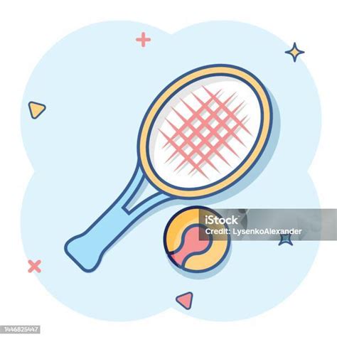 만화 스타일의 테니스 라켓 아이콘 고립 된 배경에 게임 라켓 만화 벡터 일러스트 스포츠 활동 스플래시 효과 사인 비즈니스 컨셉 Championship에 대한 스톡 벡터 아트