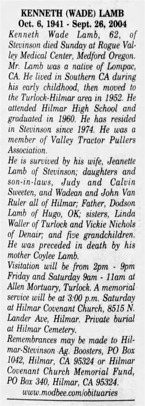 Obituary For Kenneth Wade Lamb 1941 2004 Aged 62