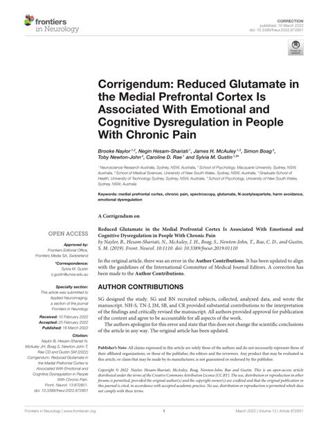 Pdf Corrigendum Reduced Glutamate In The Medial Prefrontal Cortex Is Associated With
