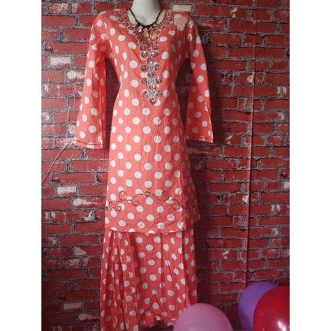 Baju Kurung Cotton Polka Oren Shopee Malaysia