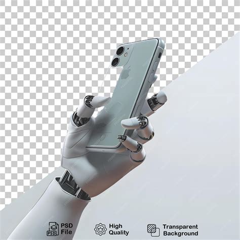 Роботизированная рука держащая телефон на прозрачном фоне включает в