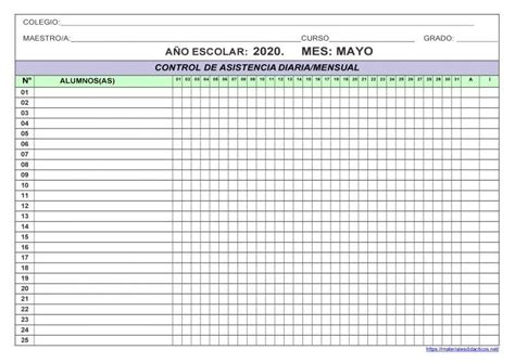 CONTROL DE ASISTENCIA DIARIA MENSUAL PRIMARIA GRATIS Hojas De