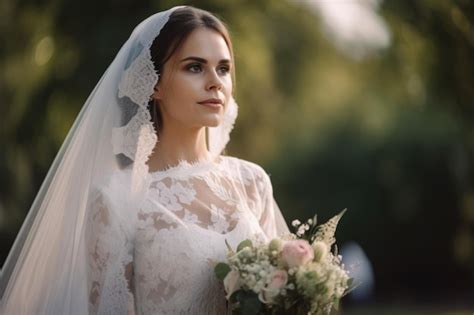 Premium Ai Image Portrait Of A Beautiful Bride In A Lace Gown And
