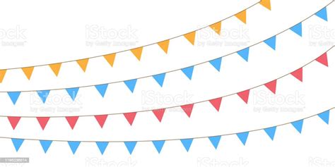 화려한 파티 페넌트 체인 깃발과 화환 화려한 깃발을 매달려 휴일 배경 벡터 일러스트 Carnival에 대한 스톡 벡터 아트 및 기타 이미지 Carnival School