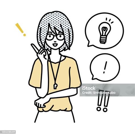 가리키는 손 제스처 전구와 느낌표 기호 세트와 서 좋은 아이디어를 받고 여자 교사 가리키기에 대한 스톡 벡터 아트 및 기타 이미지 가리키기 교사 교육 관련 직업 교습