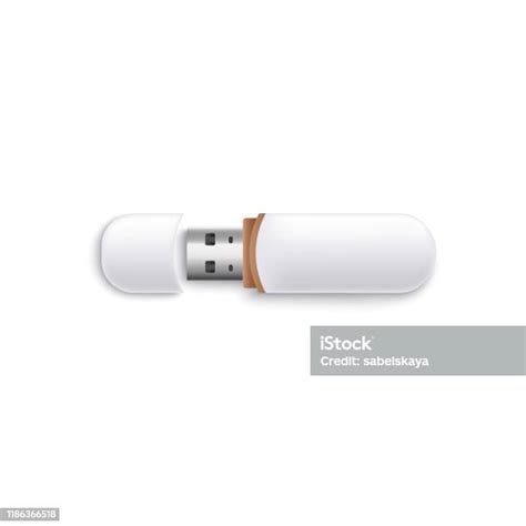 흰색과 갈색 Usb 플래시 드라이브 모형 오픈 캡이있는 메모리 및 데이터 스토리지 휴대용 디스크에 빈 사실적인 브랜딩 템플릿 0