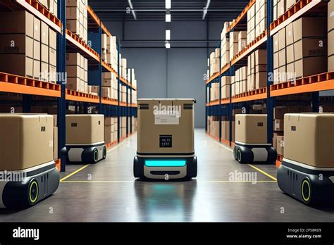 3d rendering avg robots in automated retail warehouse transporting