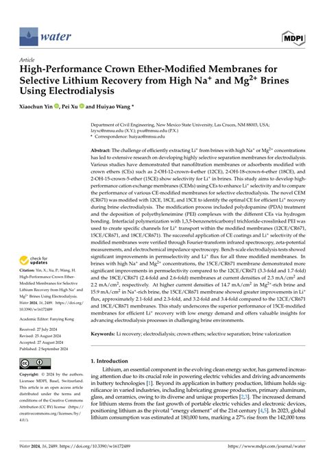 Pdf High Performance Crown Ether Modified Membranes For Selective Lithium Recovery From High