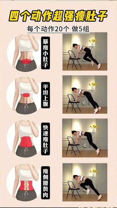 四个动作超强瘦肚子，每个动作20个 做5组，全程收紧核心，坚持跟练14天，肚子明显小一圈。瘦肚子 大肚腩变小蛮腰 居家锻炼 练出好身材