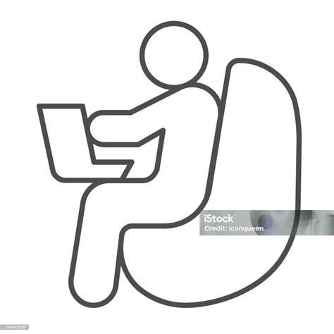 노트북과 의자를 가진 남자 얇은 선 아이콘 원격 작업 개념 벡터 그래픽입니다 흰색 배경에 쉬운 의자 기호에 앉아 있는 인간 모바일 또는 웹 디자인에 대한 개요 스타일 아이콘