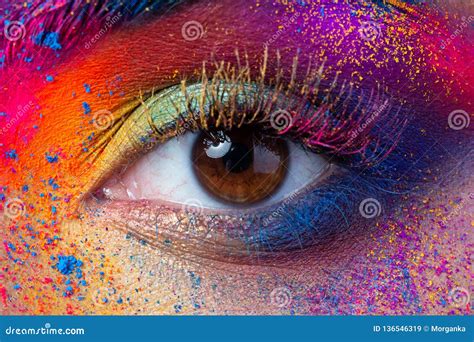 Close Up View Of Female Eye With Bright Multicolored Fashion Mak Stock
