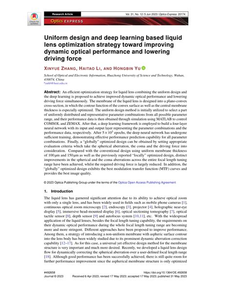 Pdf Uniform Design And Deep Learning Based Liquid Lens Optimization