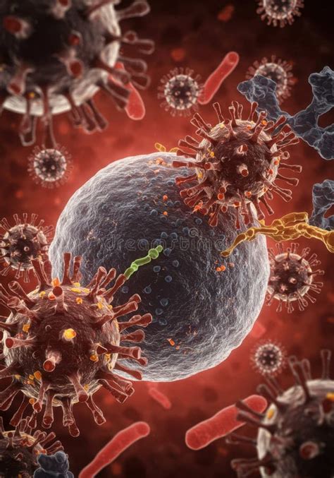 Microscopic View Of Virus Attacking Cell Stock Illustration