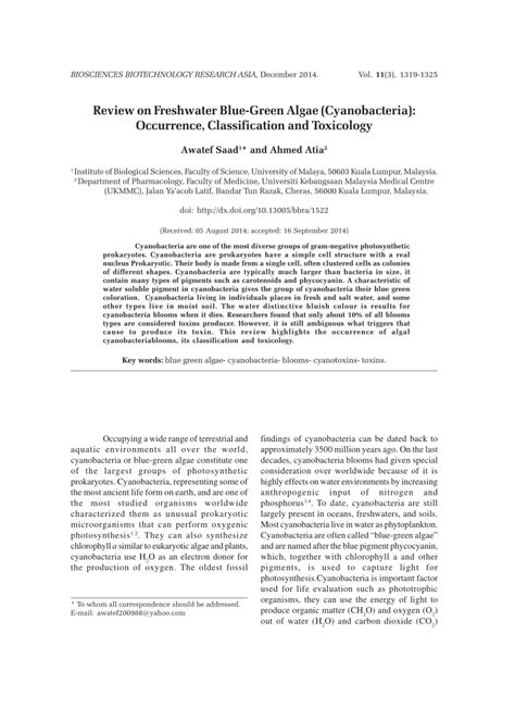 Pdf Review On Freshwater Blue Green Algae Cyanobacteria Occurrence Classification And